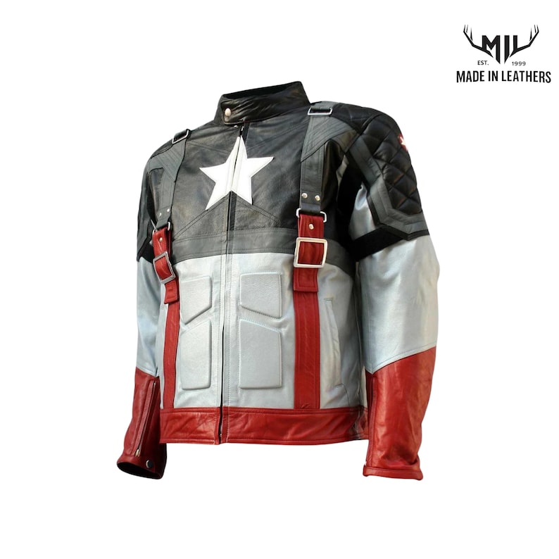 Men’s Star Shield Leather Jacket – Handmade Red White Blue Biker Jacket ...