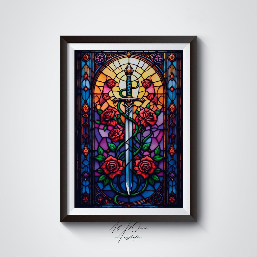 Stained Glass Medieval Sword Art Print, High Fantasy Sword With ...