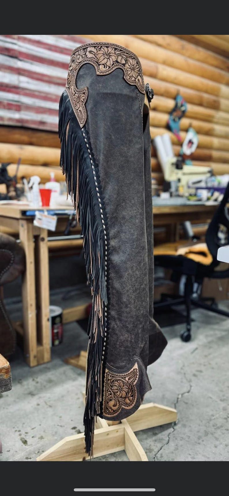Handmade Leather Chaps With Tooled Yoke & Cuffs | Western Cowboy Fringe ...
