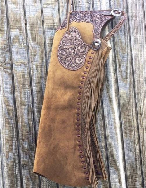Tooled Leather Cowboy Chaps With Fringe – Handmade Western Rodeo Gear ...