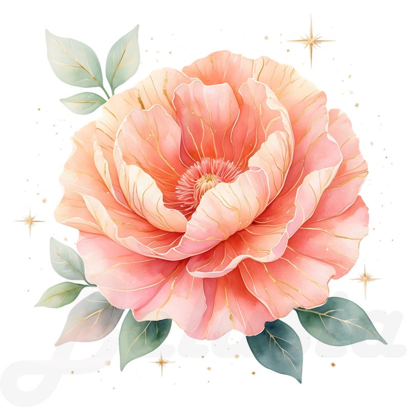 14 Abstract Flowers Clipart, Pink Gold Flower Clipart, Watercolor ...