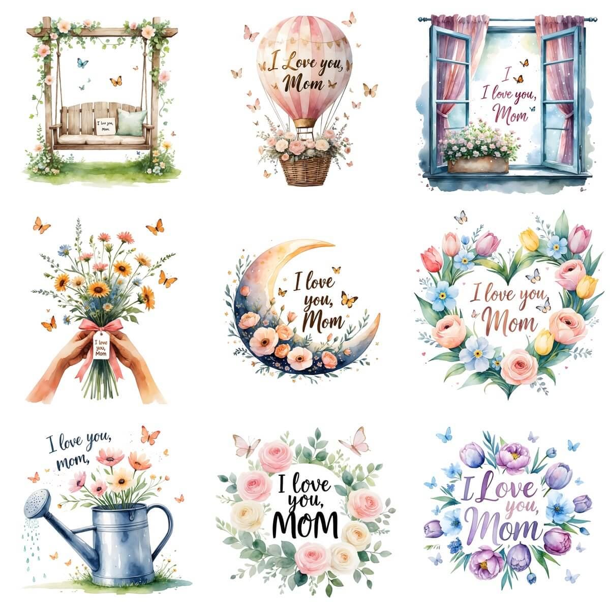 16 PNG Mother's Day Clipart, I Love You Mom Floral Illustrations ...