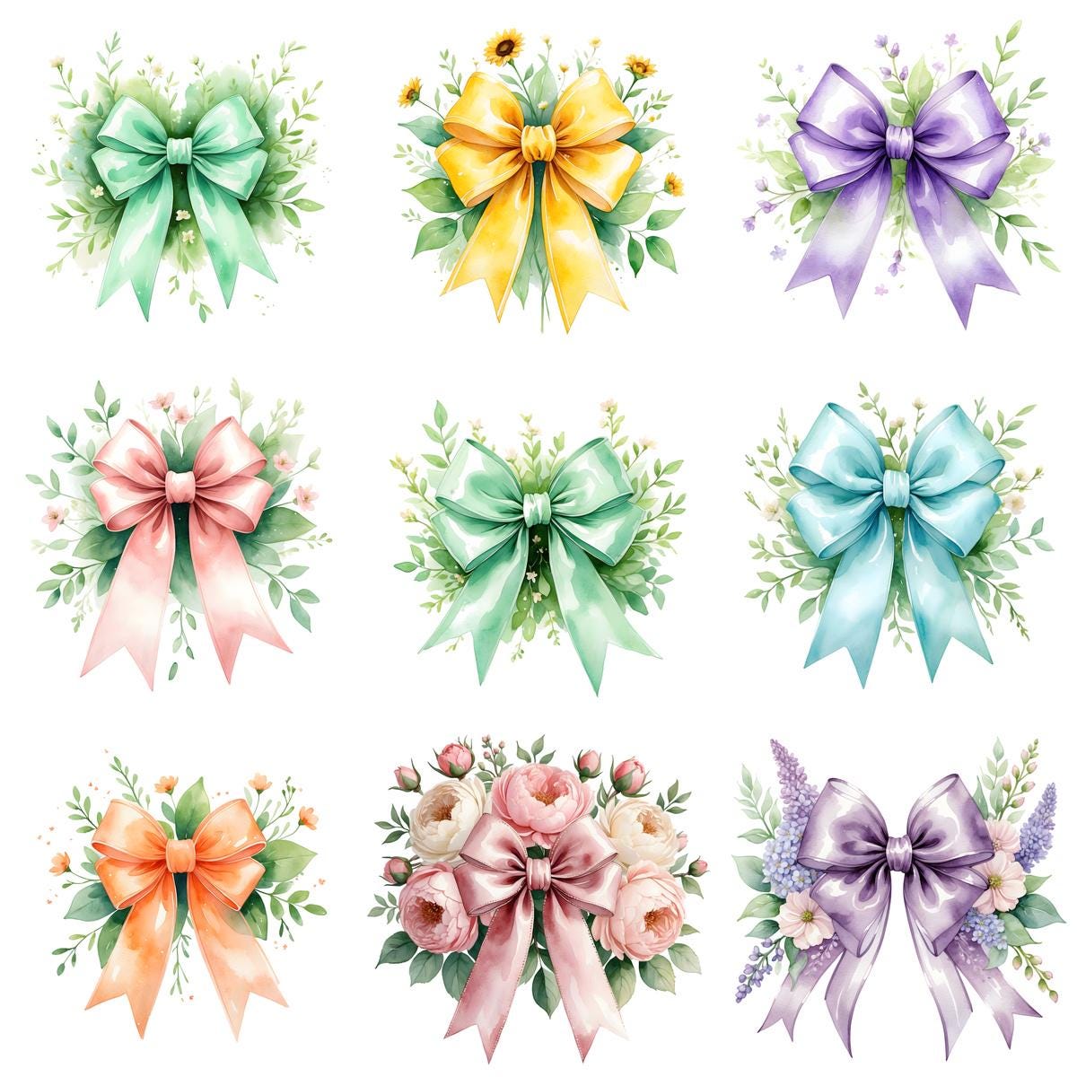 39 PNG Bows With Floral Bouquet Clipart, Watercolor Flower Bows, Spring ...
