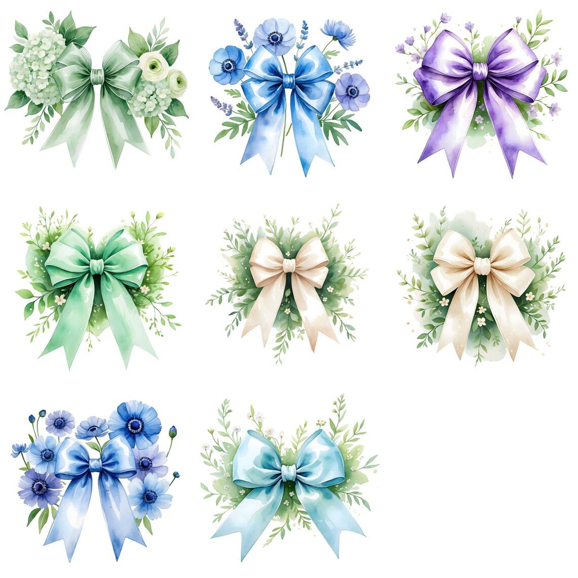 39 PNG Bows With Floral Bouquet Clipart, Watercolor Flower Bows, Spring ...