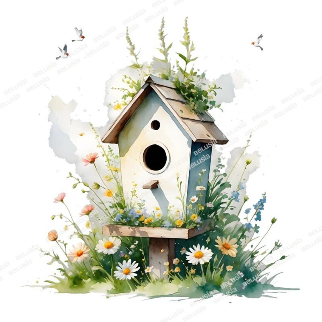 10 PNG Birdhouse Clipart, Watercolor Bird House With Flowers, Spring ...