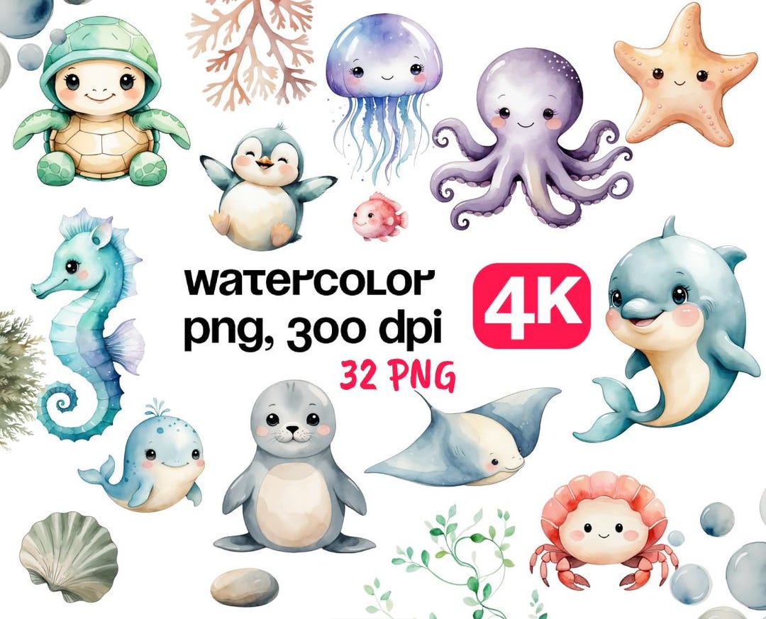 Undersea Watercolor Clipart - 32 PNG, Cute Sea Animals, Ocean Clipart ...