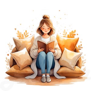 19 PNG Cozy Reading Girl Clipart, Aesthetic Book Lover Illustration ...