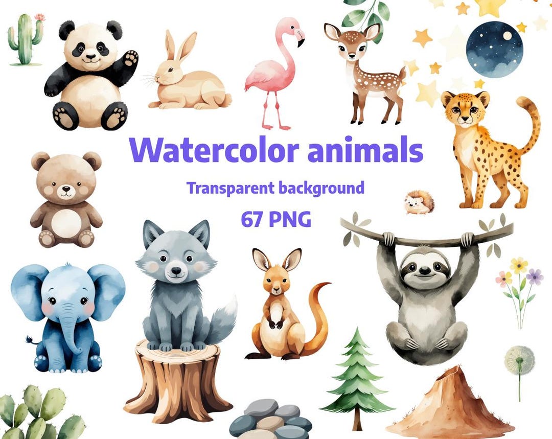Watercolor Baby Animals Clipart: Forest & Jungle PNG (digital Download ...