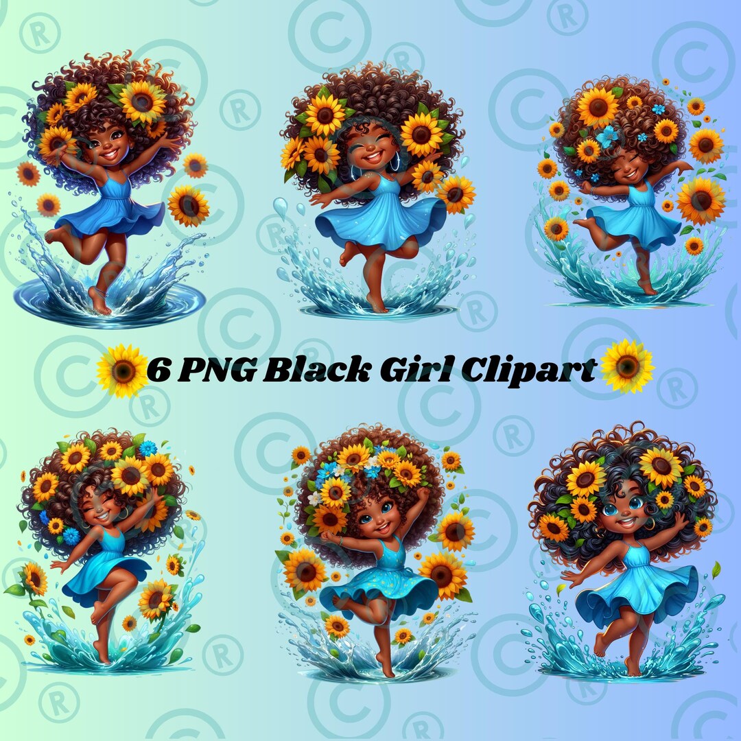 Sunflower Black Girl Clipart | 6 PNG African Girl Clipart | Melanin ...