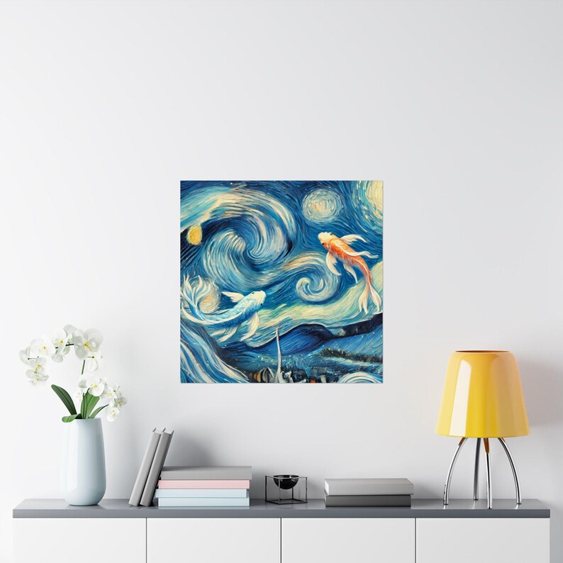 Starry Night Koi Fish Poster Van Gogh Inspired Wall Art, Ocean Waves ...