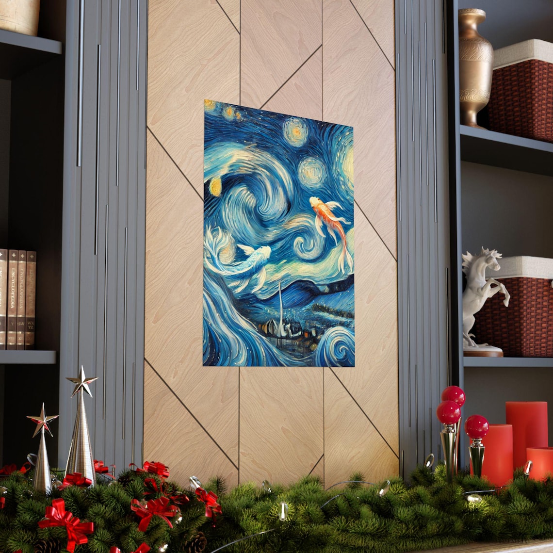 Starry Night Koi Fish Poster Van Gogh Inspired Wall Art, Ocean Waves ...