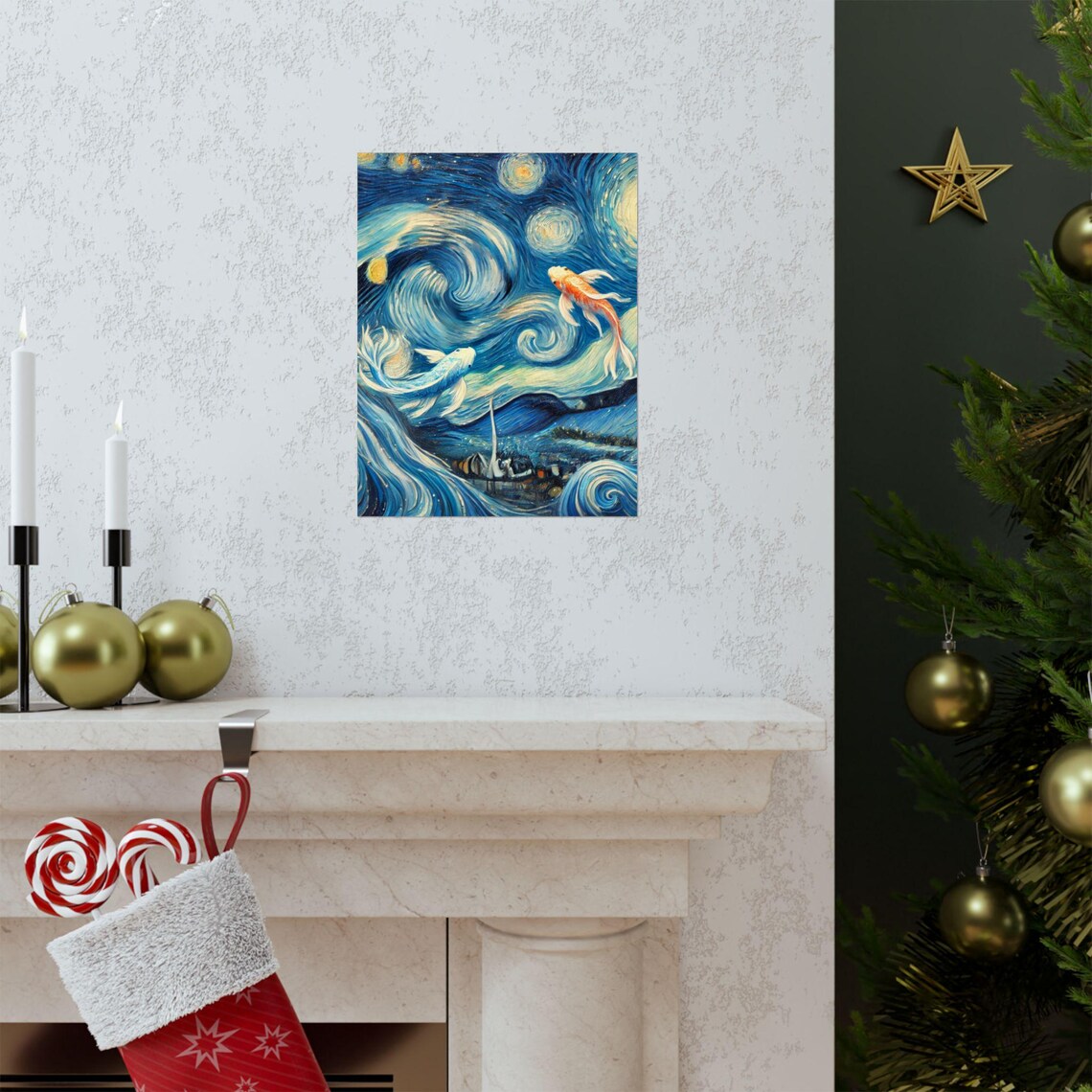 Starry Night Koi Fish Poster Van Gogh Inspired Wall Art, Ocean Waves ...