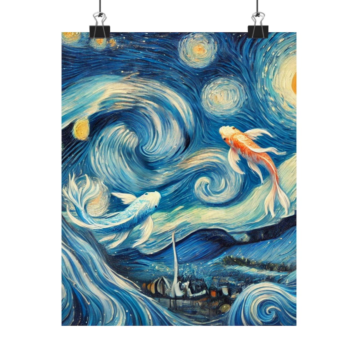 Starry Night Koi Fish Poster Van Gogh Inspired Wall Art, Ocean Waves ...
