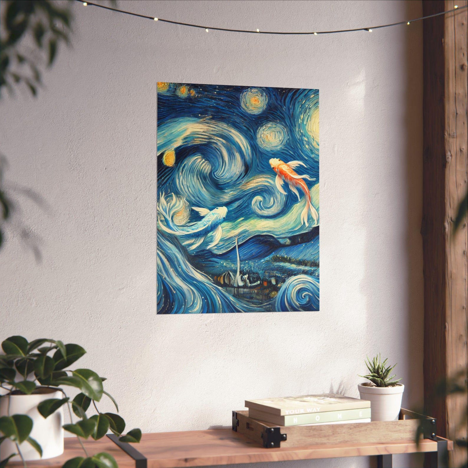 Starry Night Koi Fish Poster Van Gogh Inspired Wall Art, Ocean Waves ...