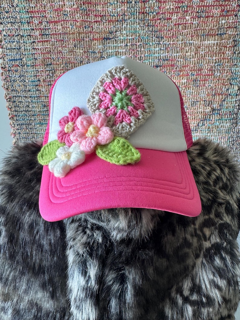 Grandmacore Ladies Trucker Hat | Crocheted Granny Square With Flowers ...