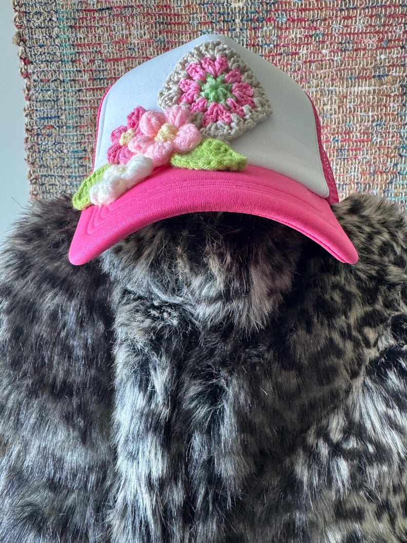 Grandmacore Ladies Trucker Hat | Crocheted Granny Square With Flowers ...