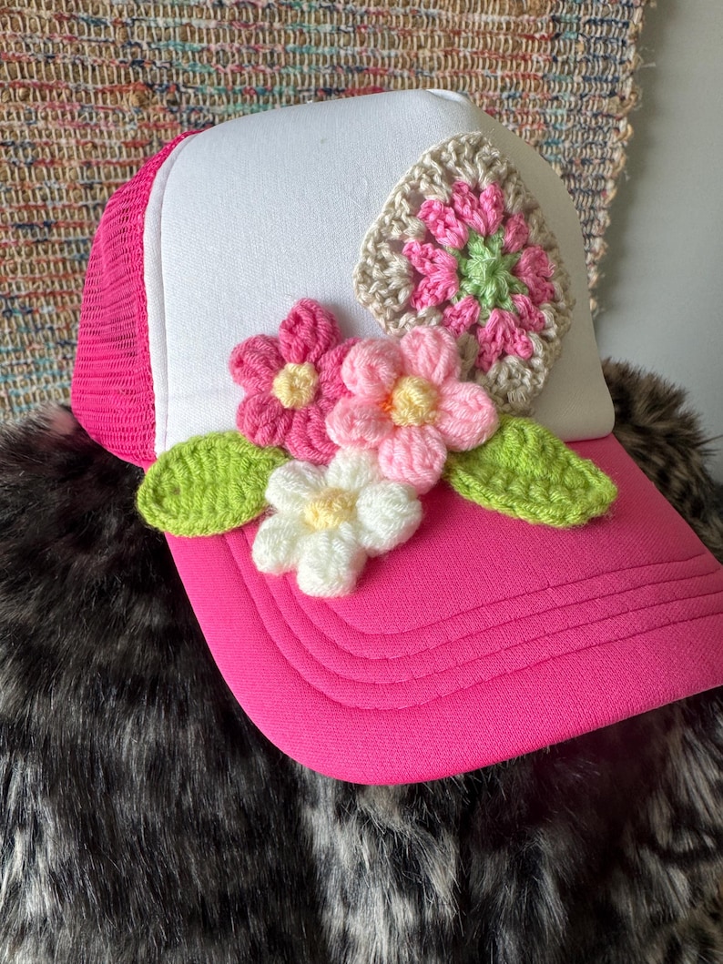 Grandmacore Ladies Trucker Hat | Crocheted Granny Square With Flowers ...