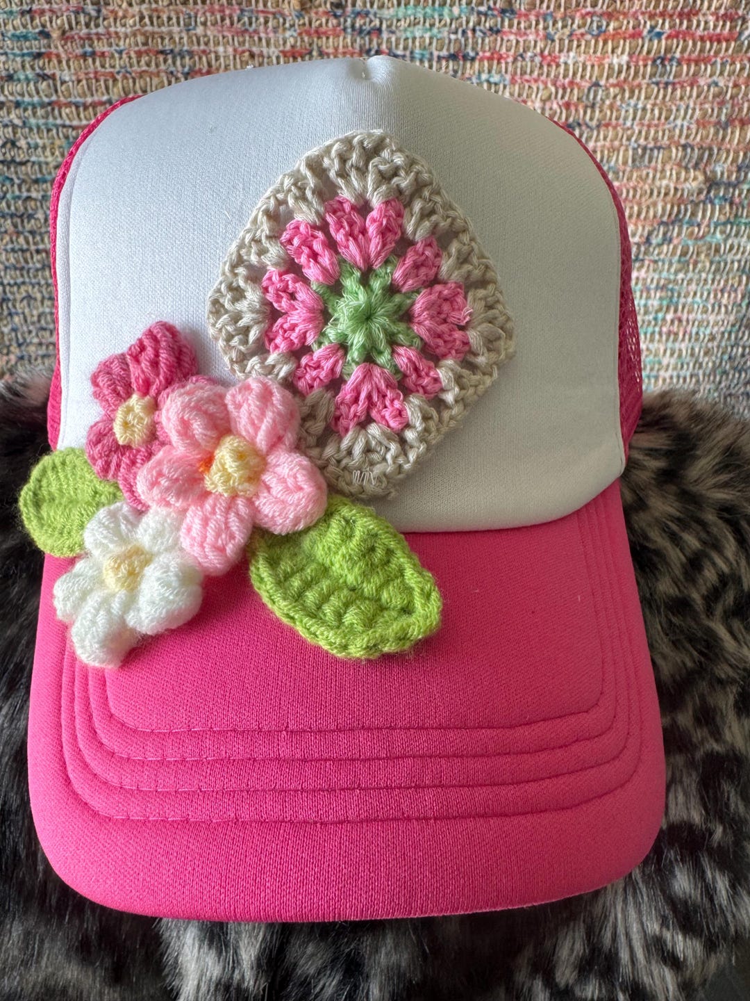 Grandmacore Ladies Trucker Hat | Crocheted Granny Square With Flowers ...