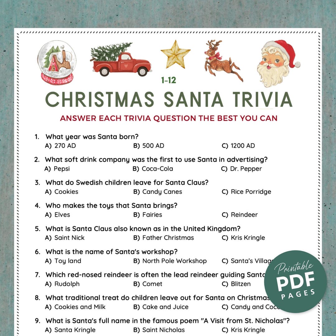 Christmas Santa Trivia Printable, Santa Claus Quiz Game, Holiday Santa ...