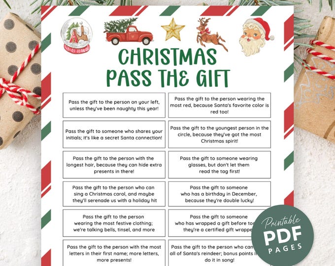 Christmas Pass the Gift Game Printable, Holiday Gift Passing Prompts ...