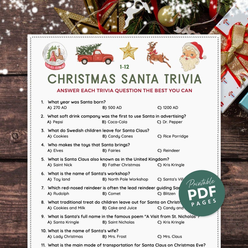 Christmas Santa Trivia Printable, Santa Claus Quiz Game, Holiday Santa ...