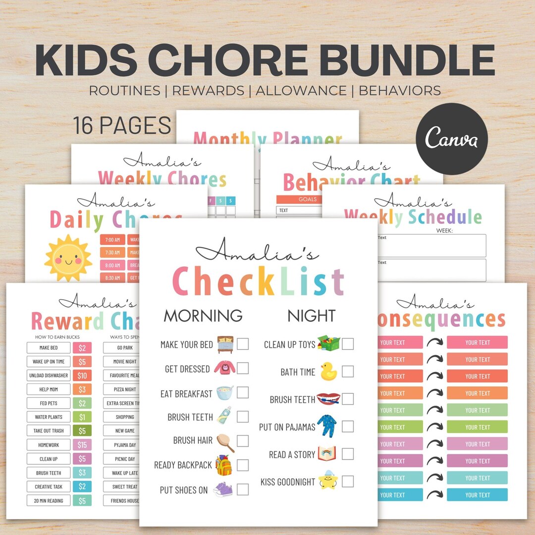 Editable Kids Chore Chart Bundle, School, Reward, Allowance, Daily ...