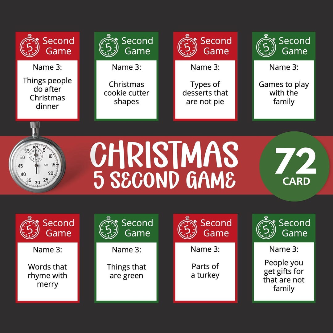 Christmas 5 Second Game Printable, 72 Cards Holiday Party Game, 5 ...