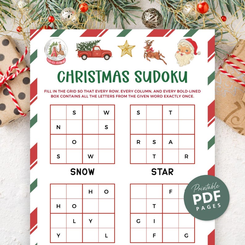 Christmas Sudoku Printable, Holiday Word Sudoku Puzzle Pack, Christmas ...