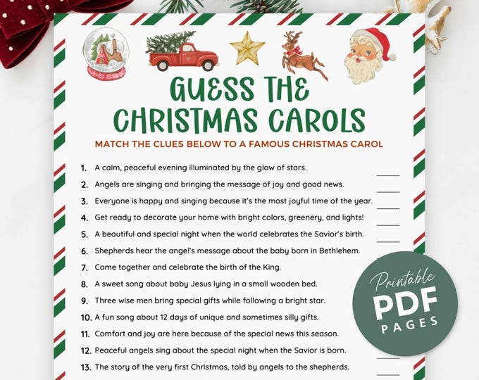 Guess the Christmas Carols Game Printable, Holiday Carol Matching Quiz ...