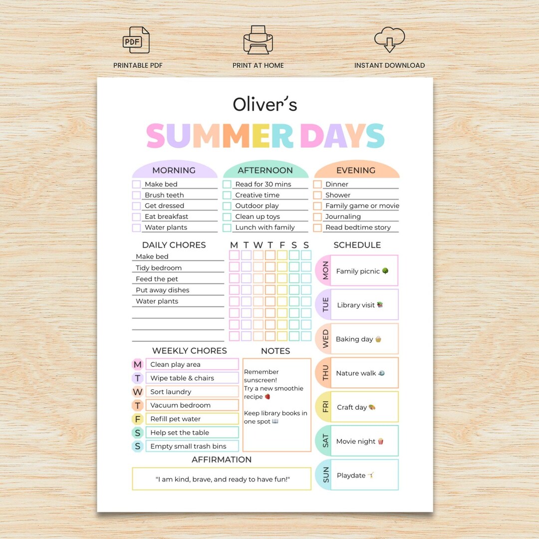 Summer Routine Chart for Kids, Printable Daily Schedule, Editable Chore ...