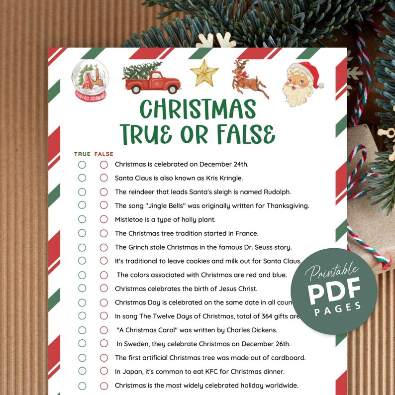 Christmas True or False Game Printable, Holiday True False Quiz ...