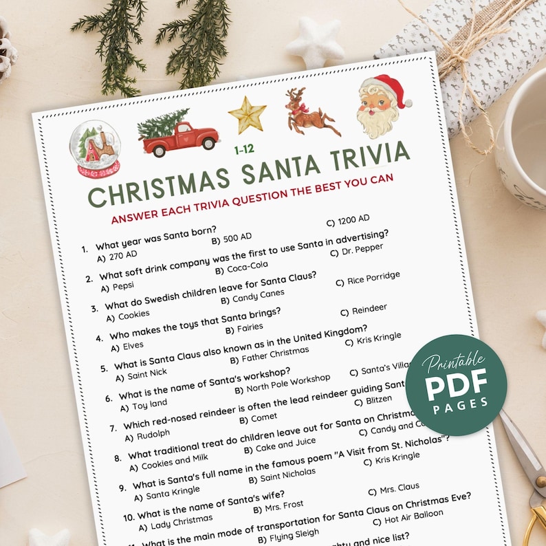 Christmas Santa Trivia Printable, Santa Claus Quiz Game, Holiday Santa ...