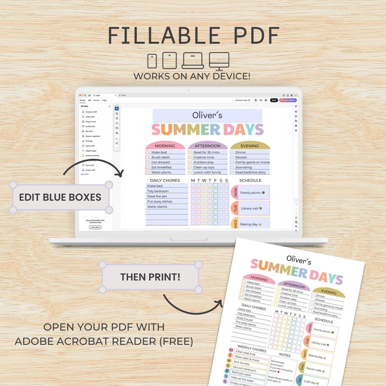 Summer Routine Chart for Kids, Printable Daily Schedule, Editable Chore ...