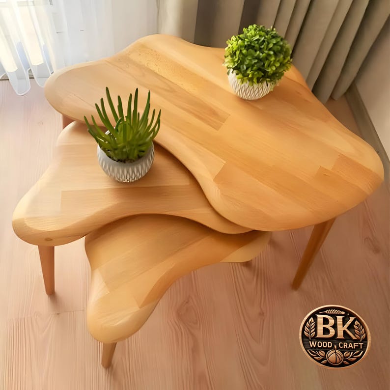 Natural Wood Solid 3-seat Nesting Coffee Table, Modern Asymmetrical ...