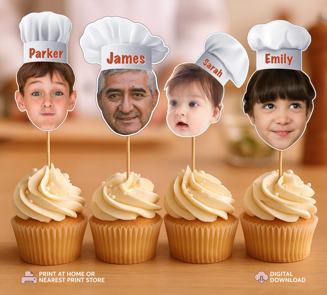 Personalized Chef Hat | Baker Photo Cupcake Toppers | Chef Cupcake ...