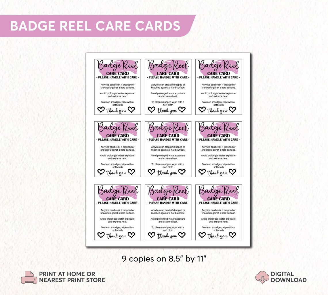 Badge Reel Care Card | Printable Badge Reel Card | Badge Reel Care ...