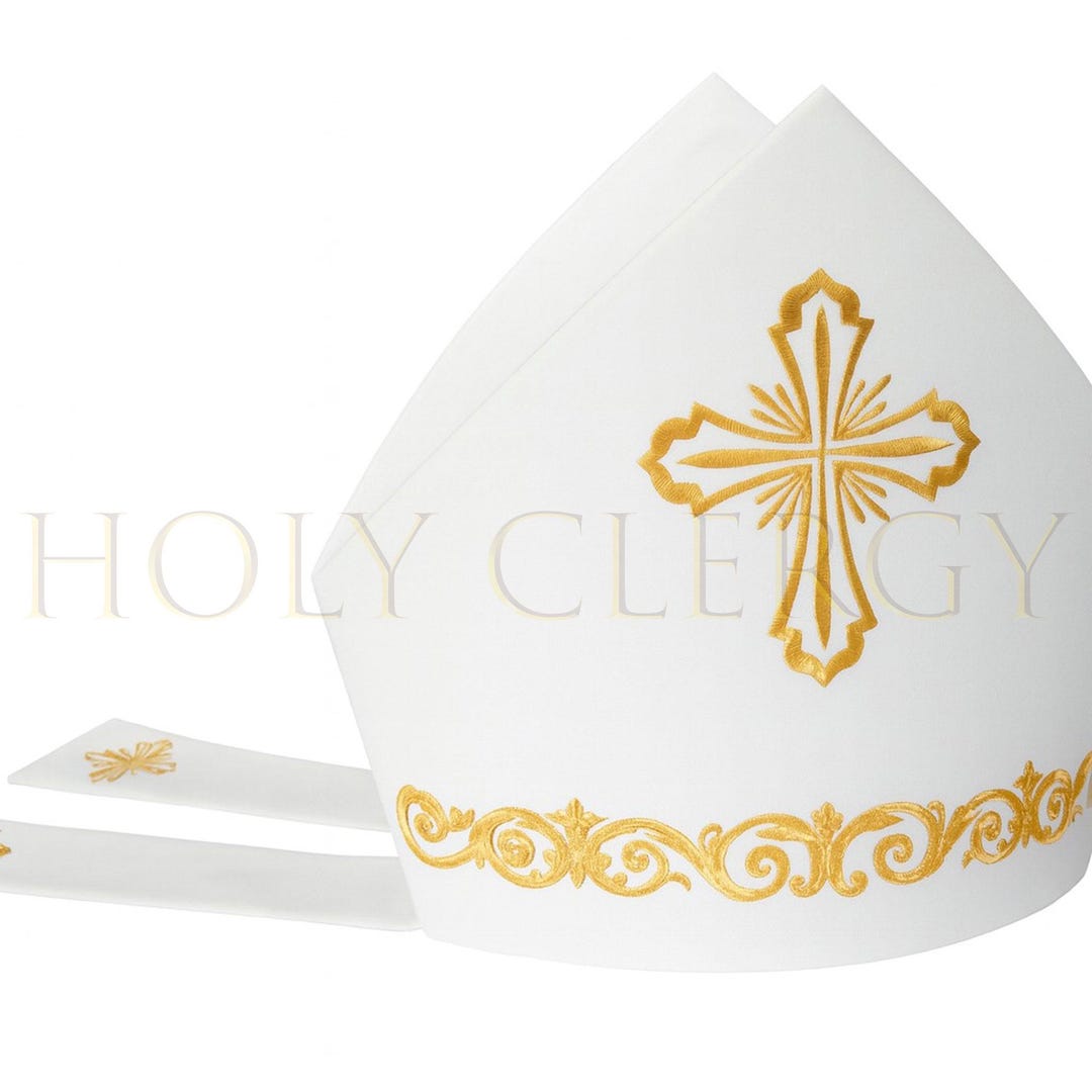 White Liturgical Bishop Mitre With Rich Gold Embroidery & Cross Symbol ...