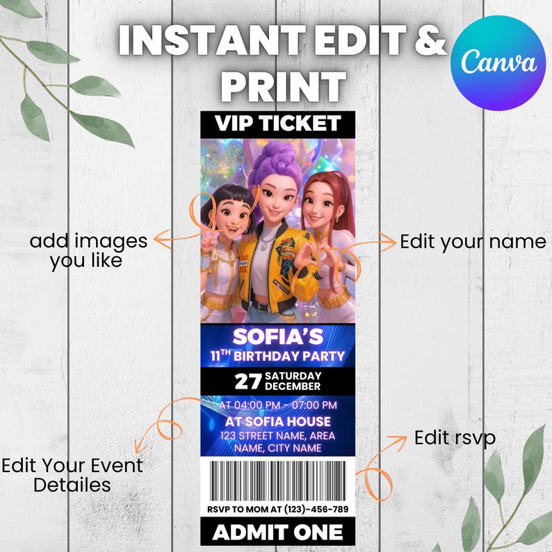 Plantilla de invitación de cumpleaños de Cazador de Demonios K-Pop, 4 ...