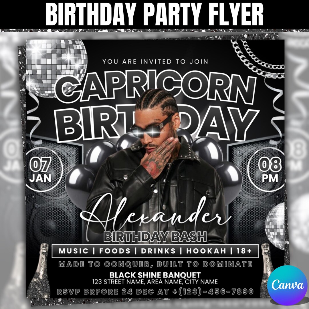 Capricorn Birthday Party Flyer, Men's Birthday Flyer, Birthday Boy ...