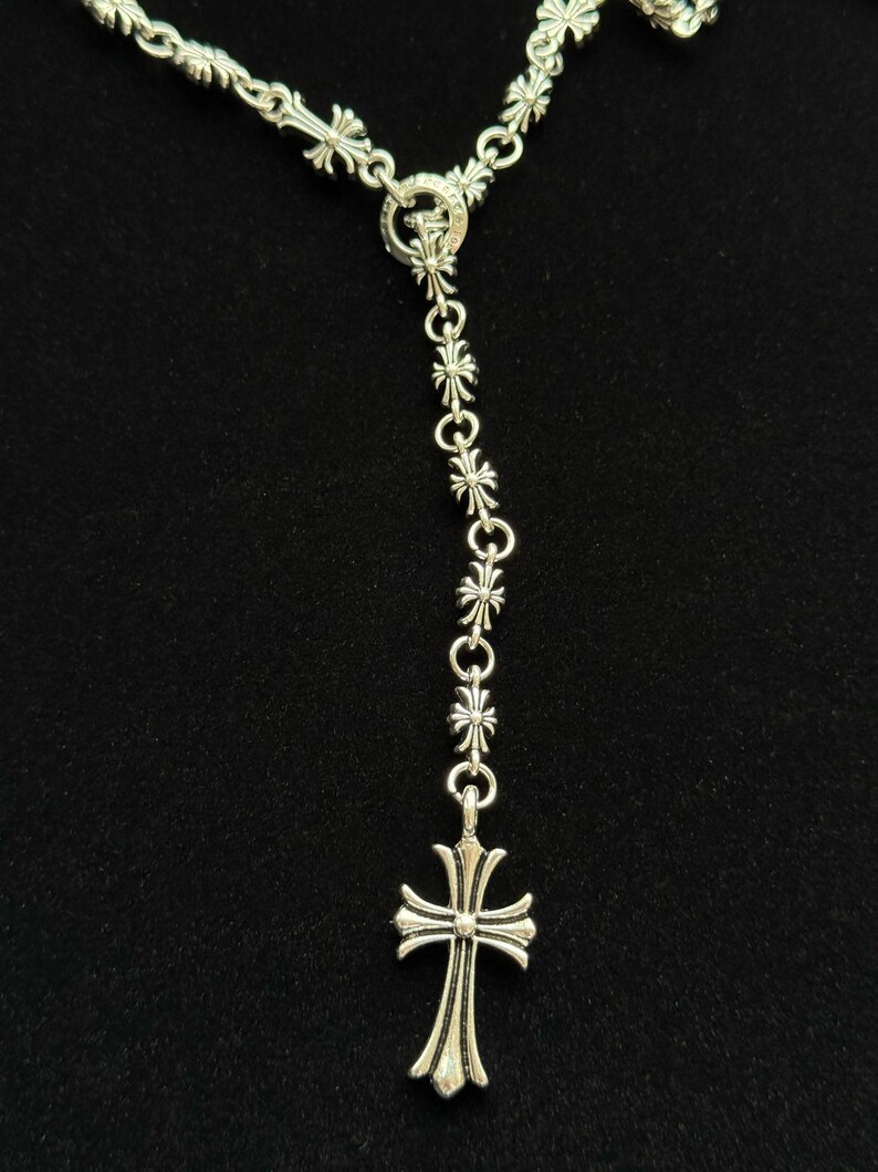 CH Gothic Style Rosary Y2K Punk Cross Necklace Chrome Silver Adjustable ...