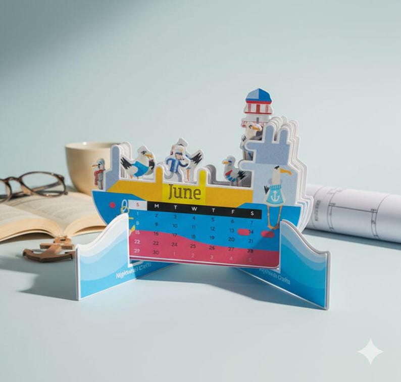 2026 Printable Ship Calendar | Ocean & Seagulls Theme | 3D Cut-out Desk ...