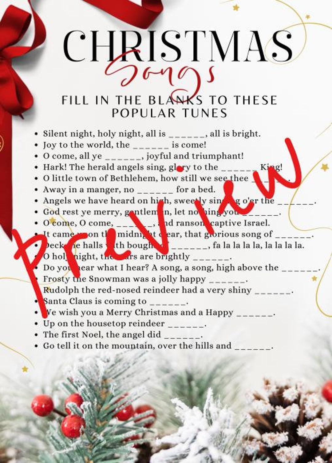 Christmas Activities Printable- Fill in the Blank Song Lyrics, Would ...