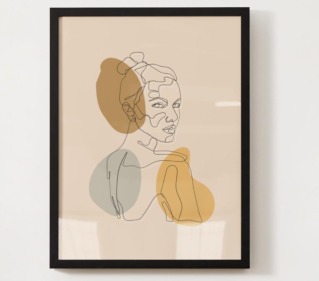 Abstract Woman Line Art Ochre and Blue Print | Modern Minimalist Wall ...