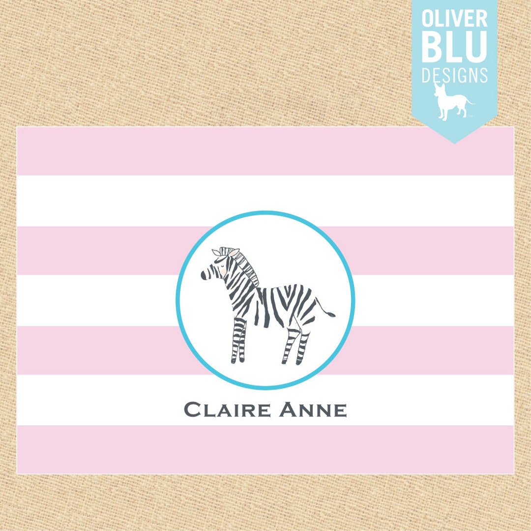 Personalized Zebra Notecards in Pink - Set of 10 Fold-over Cards ...