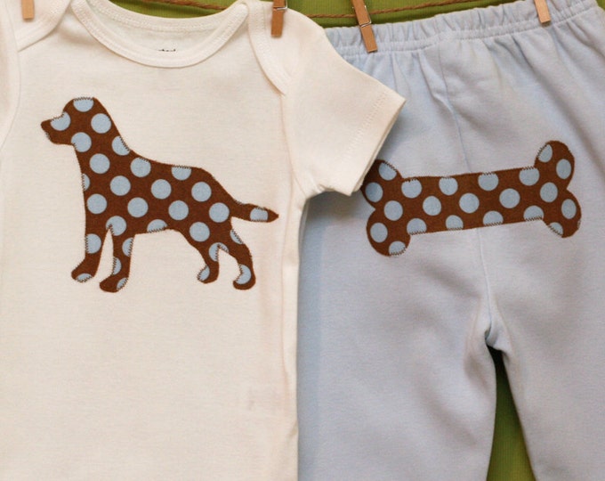 Lab Dog Bodysuit and Pants Set in Light Blue and Cocoa Polka - Etsy