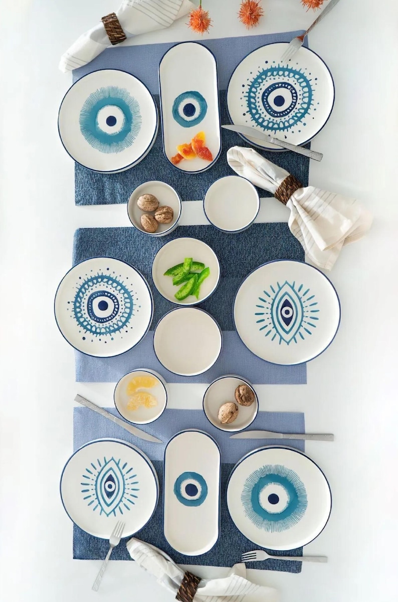 Handmade Ceramic Breakfast Set – 14 Piece Evil Eye Dinnerware Set ...