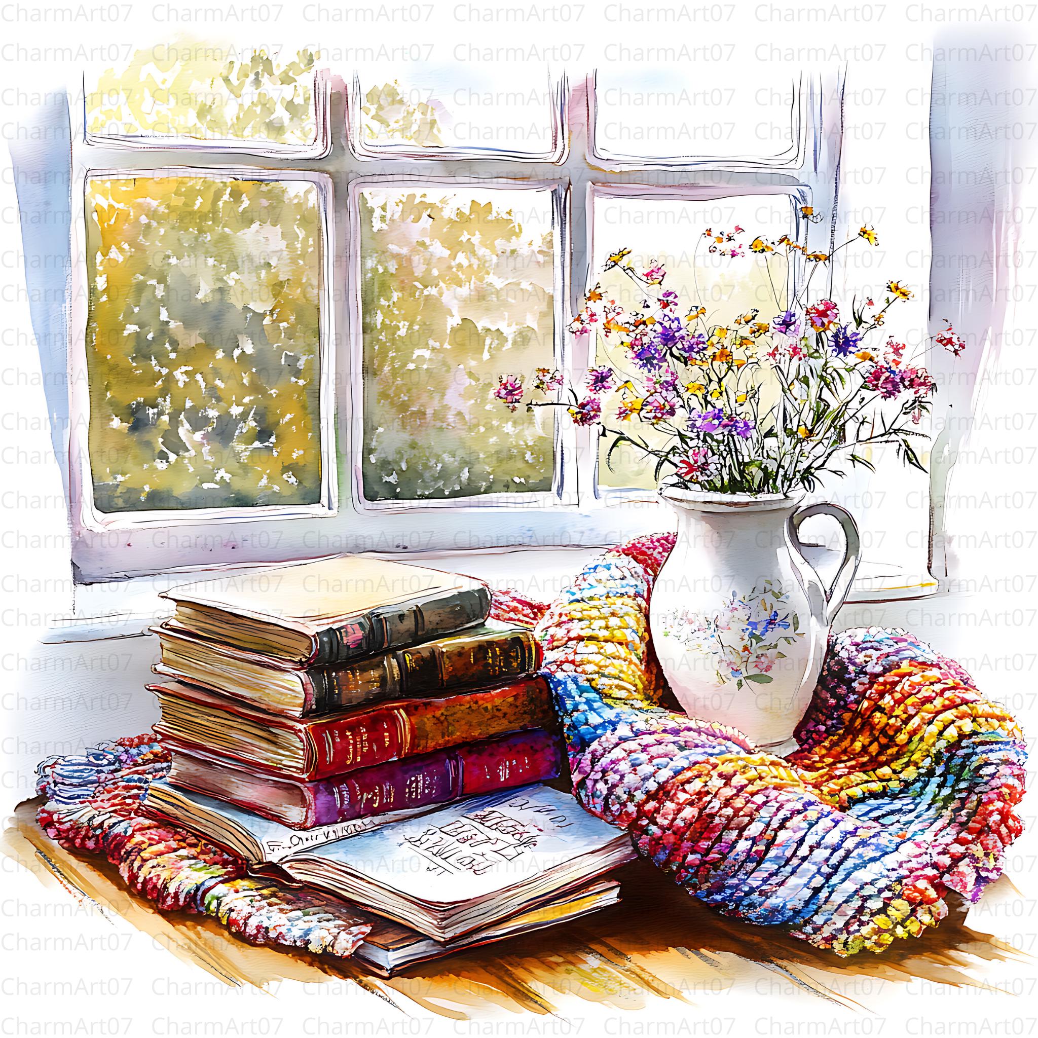 10 Floral Window With Books Clipart Bundle, High Quality Watercolor ...