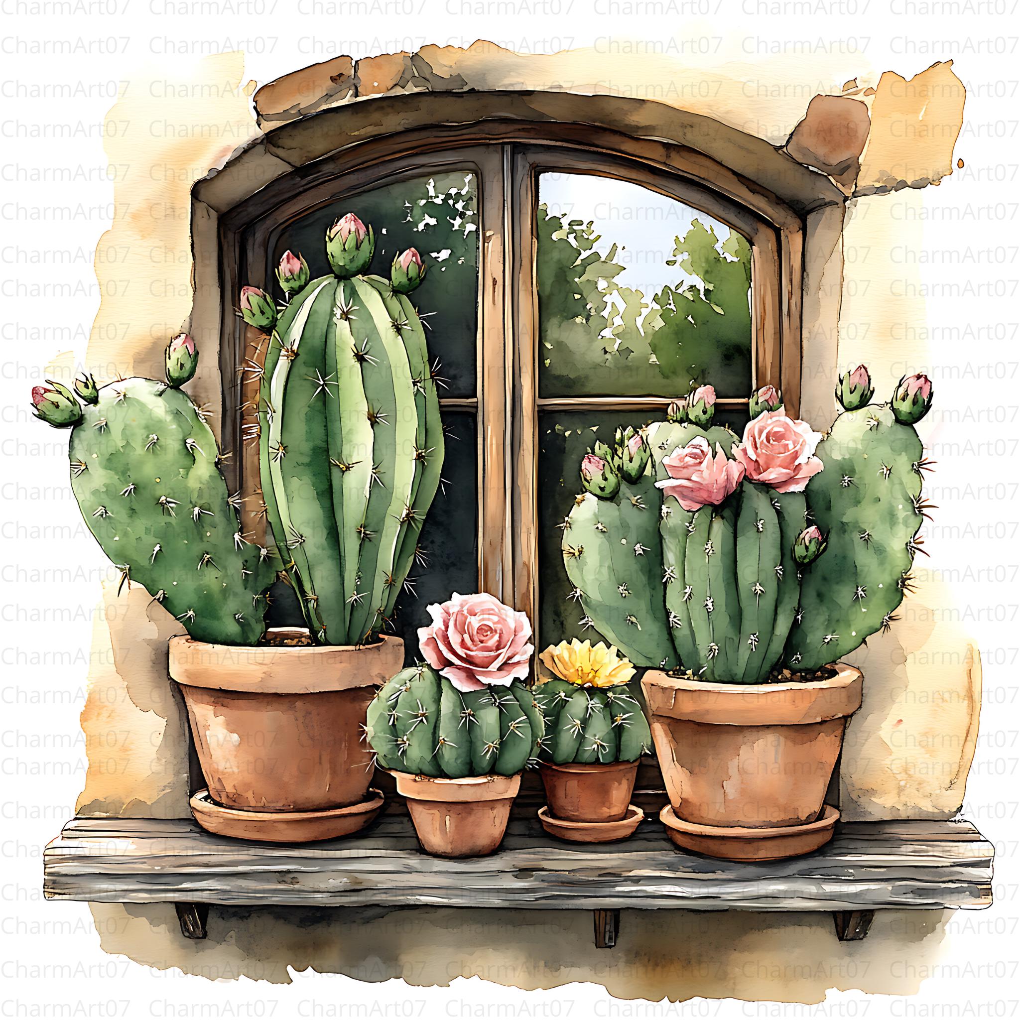 24 Potted Cactus Clipart , Flowerpots Clipart, Watercolor Clipart, High ...