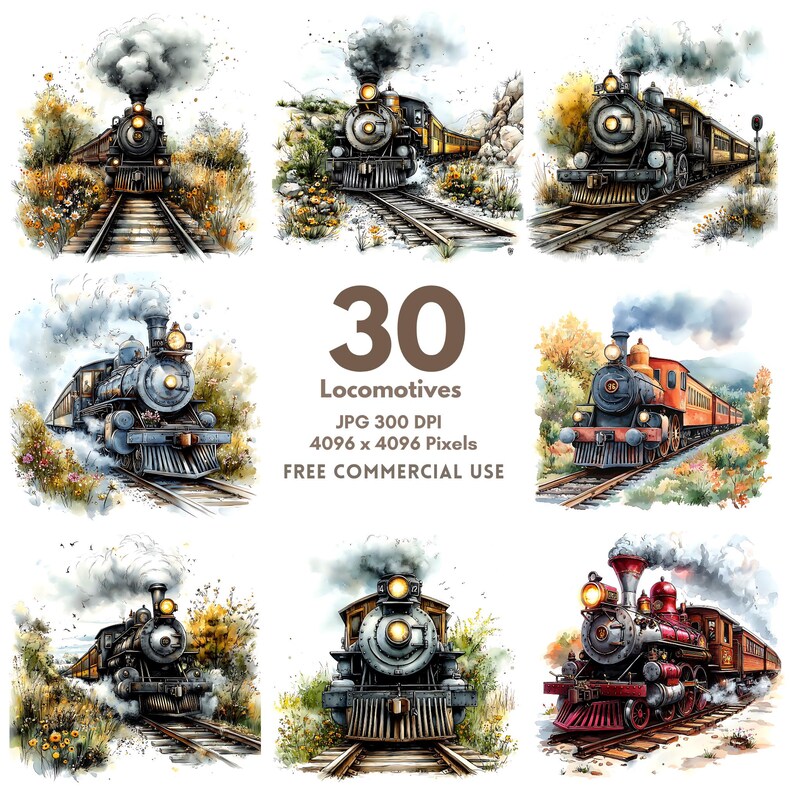 30 Locomotives Clipart, Antique Train, Steamtrain, Printable Watercolor ...