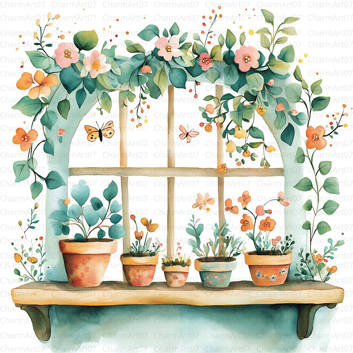 20 Spring Flowers Windows Clipart, Flowerpots Clipart, Watercolor ...